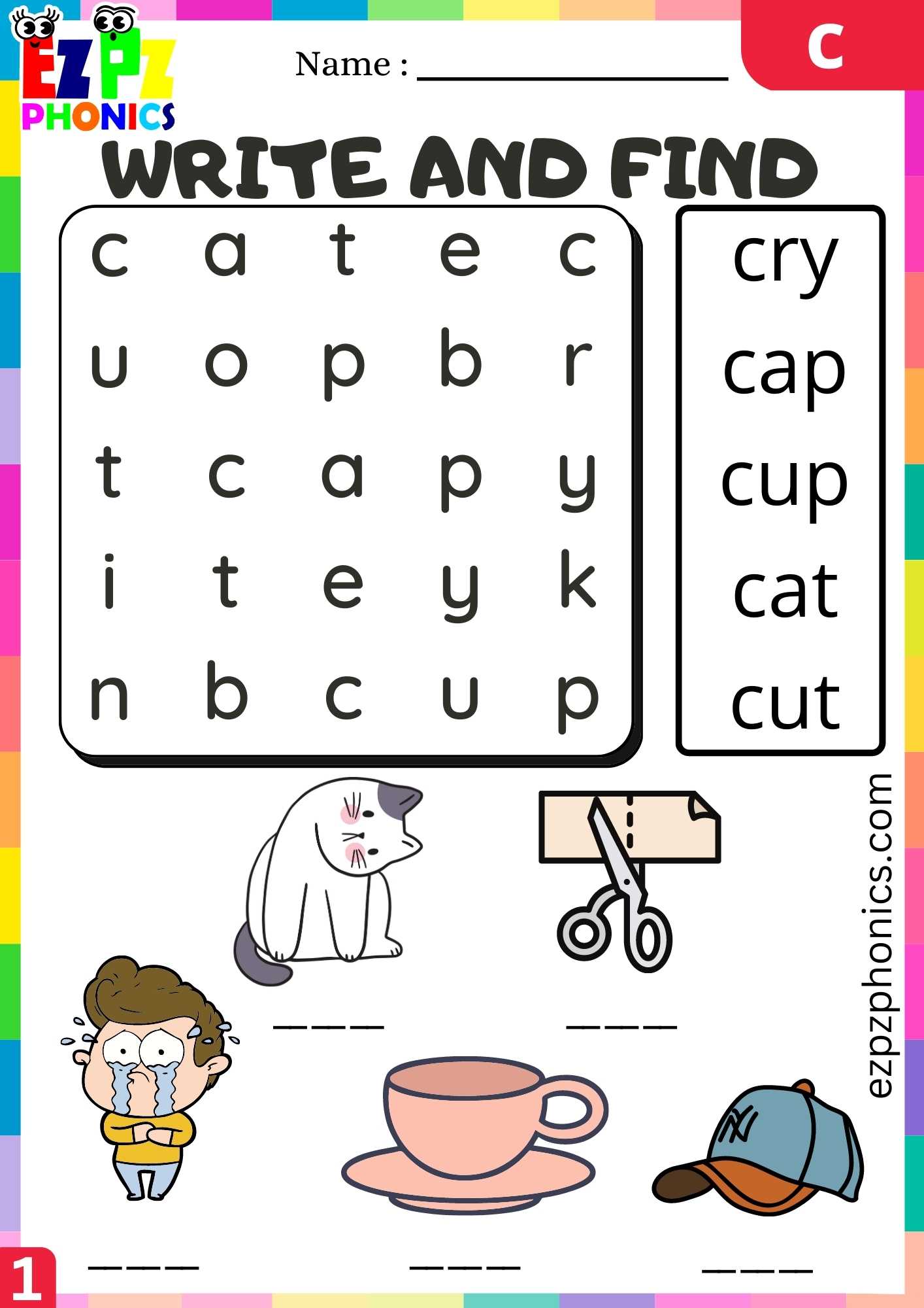 Letter C Write And Find Beginning Sounds Worksheet - ezpzphonics.com